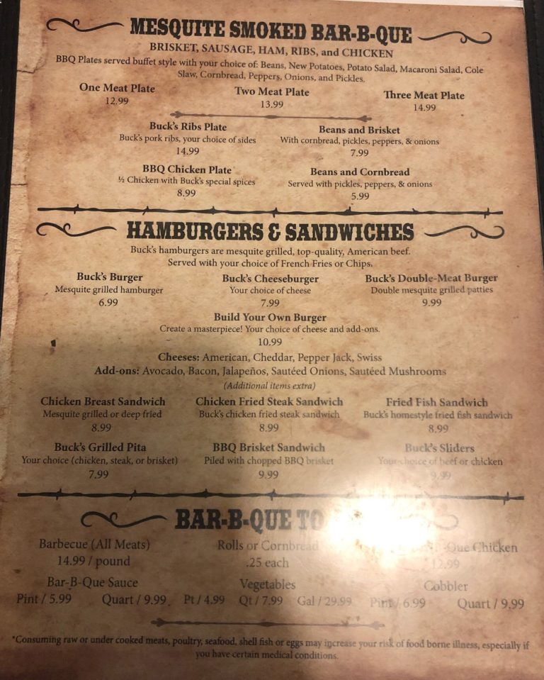 Buck s Steaks Bar B Que Menu Sweetwater Menutex