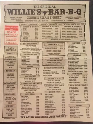 The Original Willie’s Bar-B-Q- Menu- Alamo – Menutex