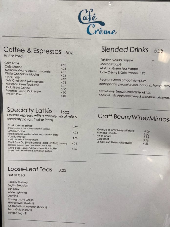 Café Crème – Austin – Menu – Menutex